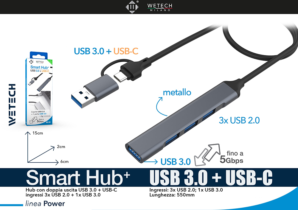 Wetech Hub Multiuso C/Cavo Usb Usb C 3.0